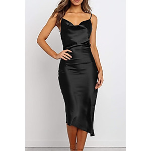 PRETTYGARDEN Women's Satin Dress Sleeveless Spaghetti Strap Side Slit Cowl Neck Midi Bodycon Dresses (Black,Large)