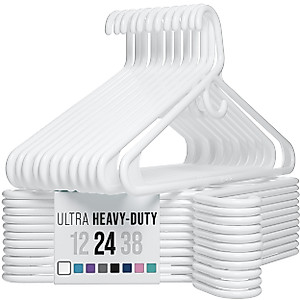 Ultra Heavy Duty Plastic Clothes Hangers - White - Durable Coat, Suit and Clothes Hanger. Perchas De Ropa (24 Pack - White)