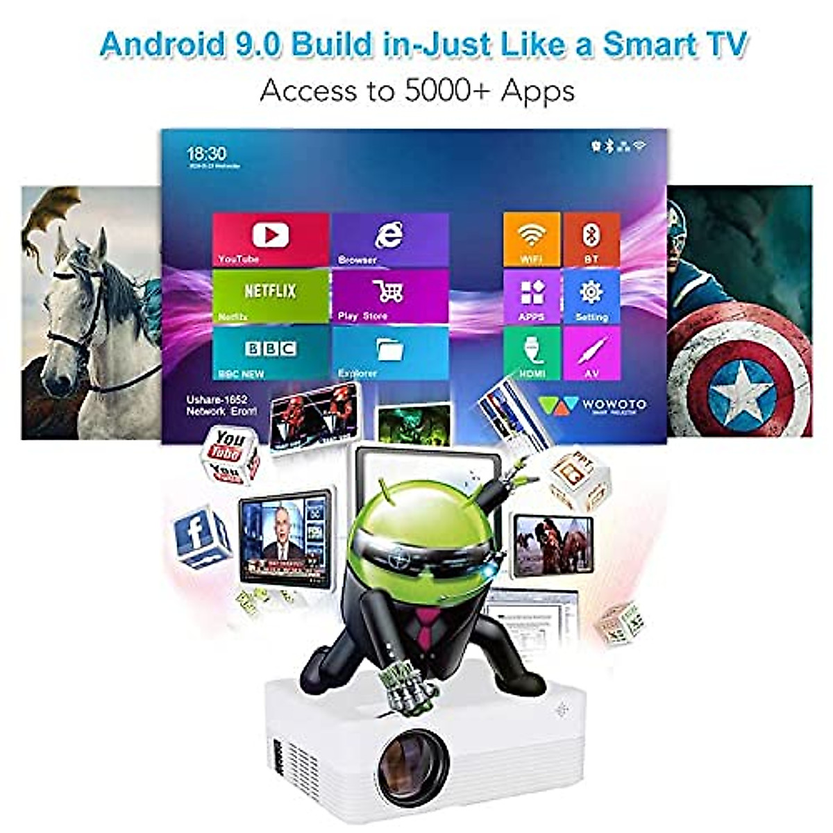 Famishow Smart Projector Android TV 9.0 Built in- WiFi Mini Projector with Bluetooth, 8500 Lumens 4K and 250” Display Supported Portable Video Projector for Home Cinema & Outdoor Movie Theater