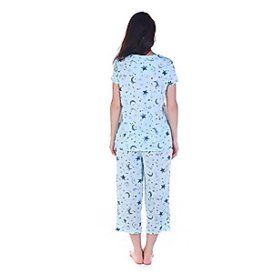 PNAEONG Women’s Pajama Set - Cotton-Blend Short-Sleeve Loose Top with Matching Capri Bottoms SY215-Blue Star-XL