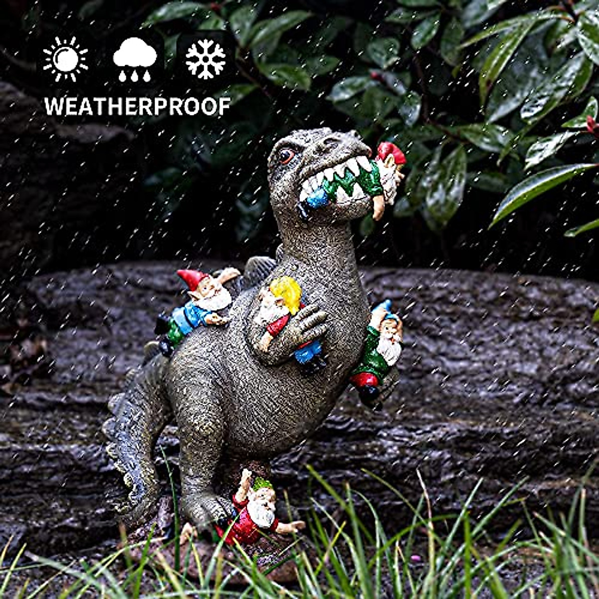 SOWSUN Garden Gnome Statues Outdoor Decor, 14” Dinosaur Gnomes Garden Art Outdoor for Fall Winter Garden Decor, Outdoor Statue for Patio, Lawn, Yard Decoration, Housewarming Garden Gift