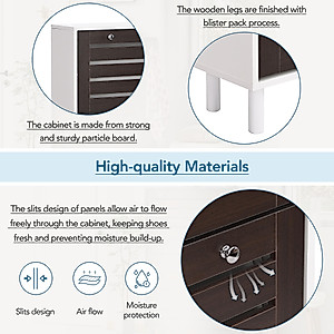 Cozybedin Minimalist Slim Shoe Cabinet with Hanging Hooks, Slits Design Panels Entryway Organizer with 3 Flip Drawers, Free Standing Shoe Rack with Adjustable Panel for Hallway, White