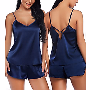 RSLOVE Women's Satin Pajamas Sexy Lingerie Sleepwear Cami Shorts Set Two-piece Pj Sets Blue M