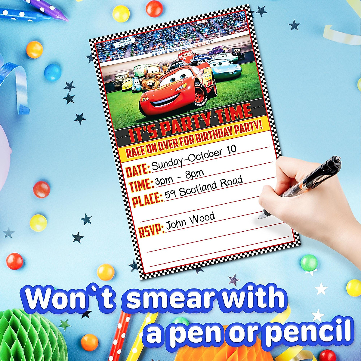 Set of 20 Cars -Themed Happy Birthday Invitation Cards & Envelopes - Lightweight (240g), Postcard Style Invites for the Perfect Party Pack