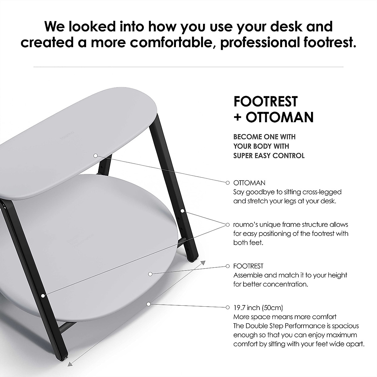 'roumo DSP with Velvet Light Gray Fabric Cover' Desk Footrest That Fits My Body, Height Adjustment Double Tier Step Stool, Footrest + Ottoman, Comfort Creative Desk Life