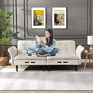 MIYZEAL Convertible Sleeper Sofa with Charging Ports, Velvet Tufted Upholstered Futon Sofa Bed with Adjustable Backrest & Armrest, Modern Loveseat Couch for Living Room Apartment Office (Beige)