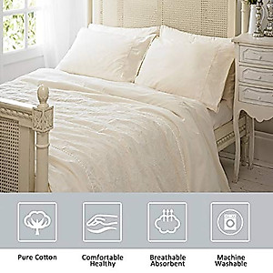 Merryfeel Cotton Duvet Cover Set,100% Cotton Embroidery with lace Duvet Cover Set- Cream- Full/Queen