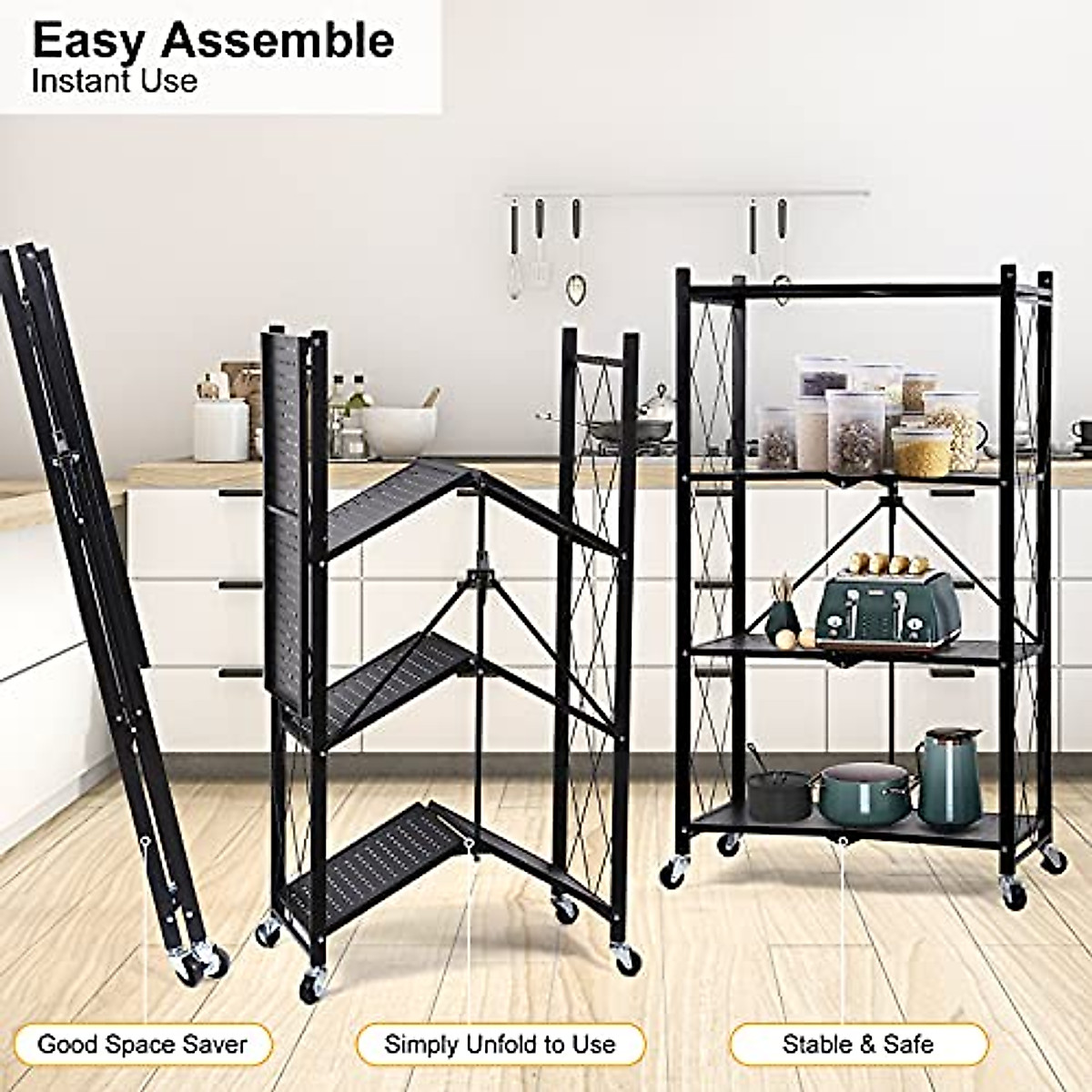 HealSmart 4-Tier Heavy Duty Foldable Metal Rack Storage Shelving Unit with Wheels Moving Easily Organizer Shelves Great for Garage Kitchen Holds up to 1000 lbs Capacity, Black,2 Pack