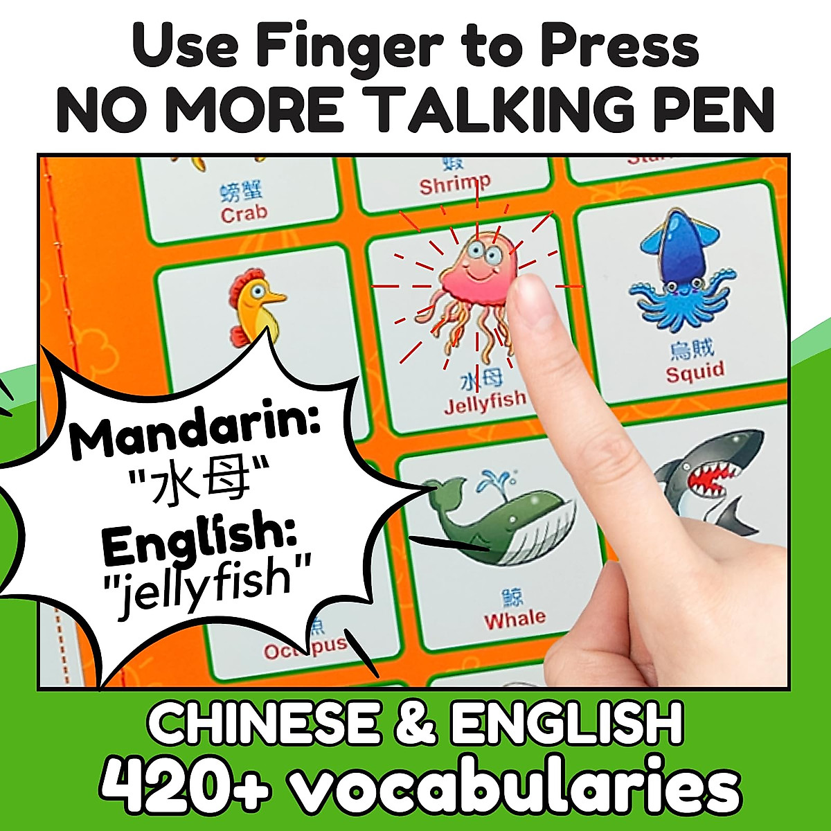ZEENKIND Chinese English Learning Sound Book for Kids 2 3 4 5 6 Years Old, 160 Words to Learn in Chinese Mandarin Pinyin, Interactive Audio Talking Book, Educational Bilingual Toys for Toddlers