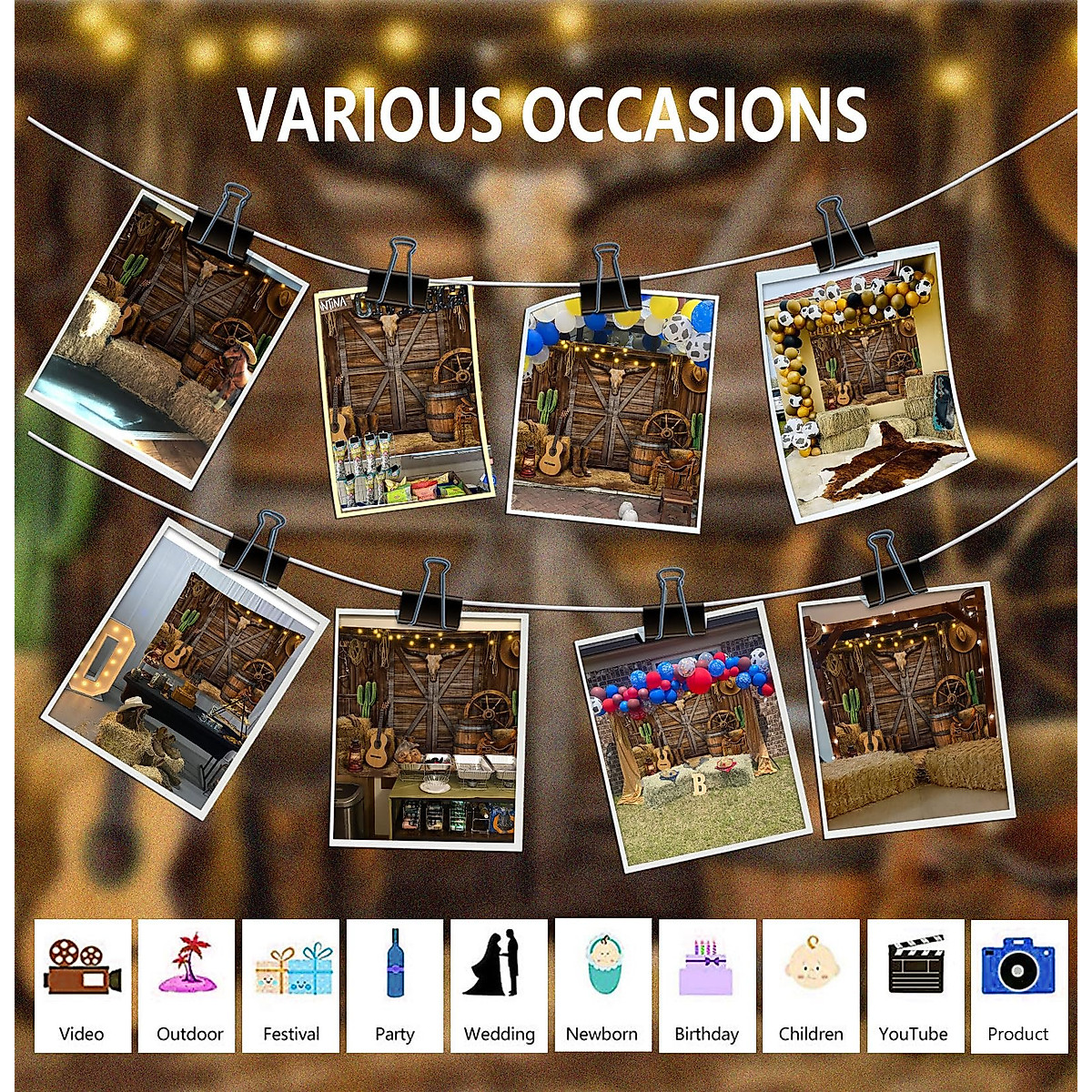 Humkat Western Cowboy Backdrop Banner, 7X5FT Wild West Rustic Wooden Barn House Photography Background for Western Party Decoration, Rodeo Backdrop for Kid Birthday Party, Reusable and Washable