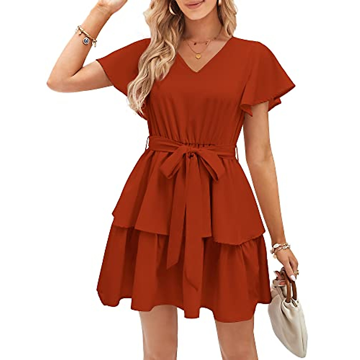 ZAFUL Women's Short Flutter Sleeve Mini Dress V Neck Waist Tie Tiered Flare Casual 2023 Summer Dress (Brick Red, M)