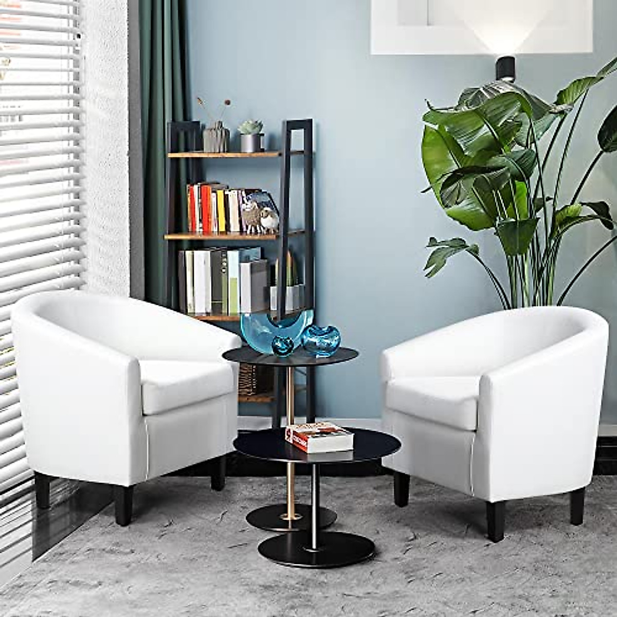 Yaheetech Accent Chair, Faux Leather Barrel Chairs Comfy Club Chairs Modern Accent Chair with Sturdy Wood Legs for Living Room/Bedroom/Reading/Room/Waiting Room, Set of 2, White
