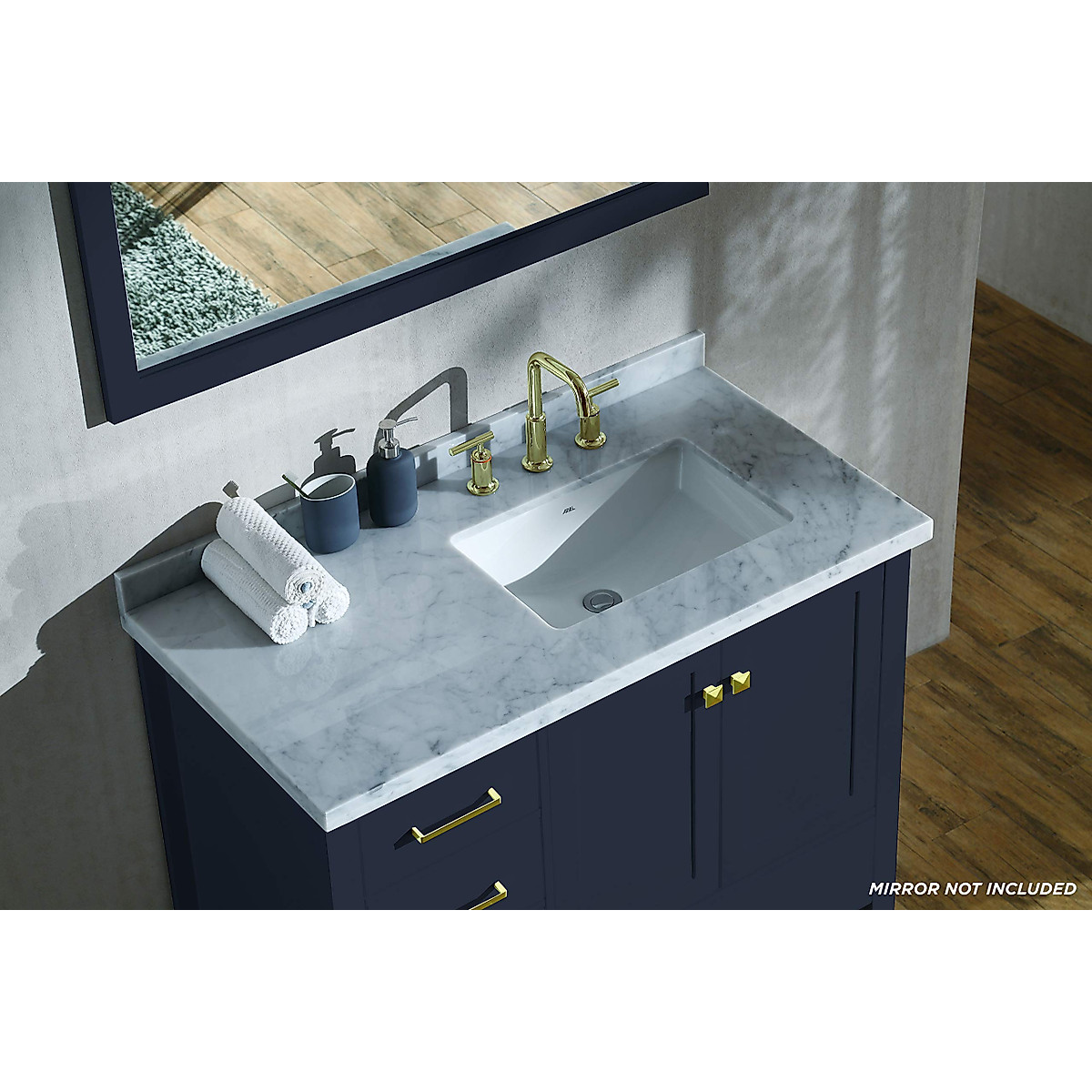 ARIEL Cambridge 43" Inch Single Right Offset Rectangular Sink Solid Wood Midnight Blue Bathroom Vanity Cabinet with 1.5" Inch Edge White Carrara Marble Countertop and Backsplash, No Mirror