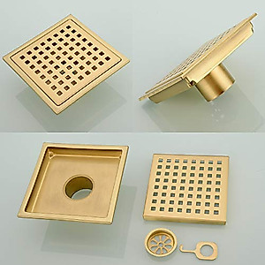 Orhemus Square Shower Floor Drain with Removable Cover Grid Grate 6 inch Long, SUS 304 Stainless Steel Brushed Gold Brass Finished