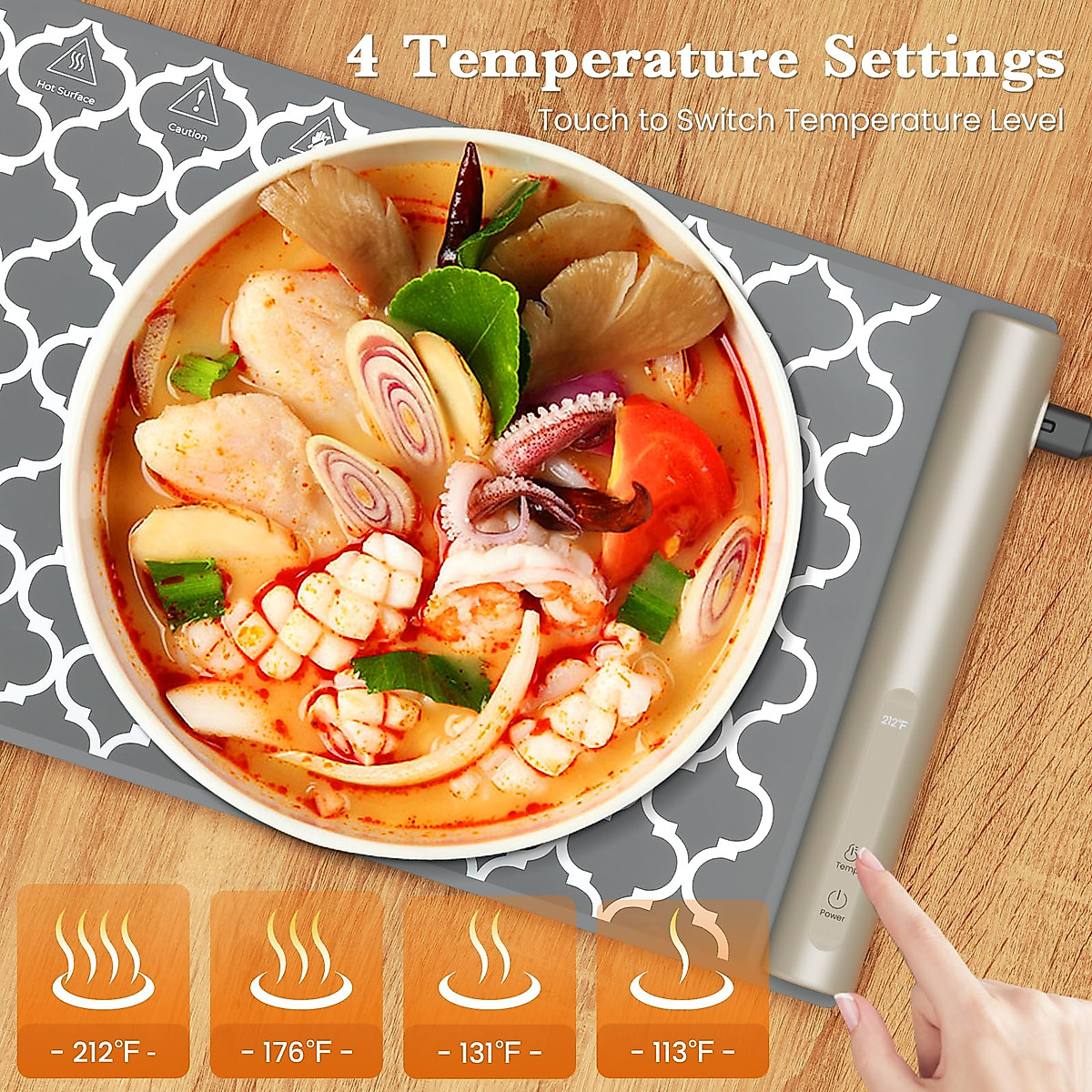 Food Warming Mat - Fast Heating Electric Warming Tray with 4 Level Temperature, Fast Full Surface Heating Mat, 3 Hours Auto Off, Rollable Portable Food Warmers for Individual Meals