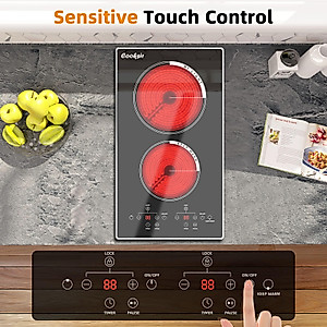 Cooksir Portable Electric Cooktop 2 Burner, 110V Plug in Electric Stovetop with Protective Full Metal Edge, 12 Inch Countertop & Built-in Ceramic Cooktop with Safety Lock, Timer, Sensor Touch