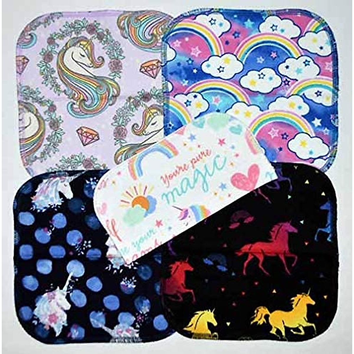 2 Ply Printed Flannel 8x8 Inches Set of 5 Little Wipes Unicorn Fantasy