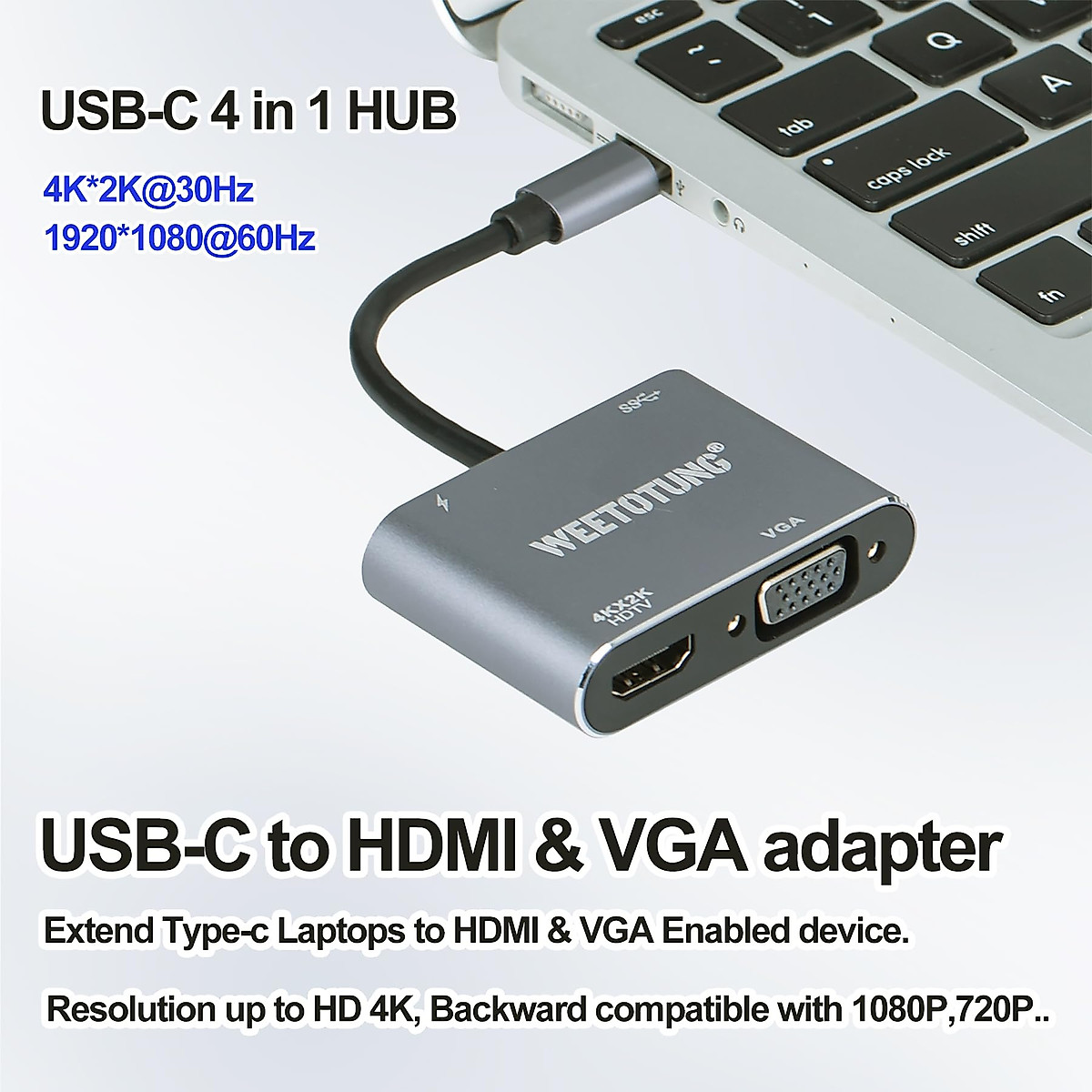 USB to Hdmi VGA Adapter Type-c 4 in 1 Hub to 100W PD 4K HDMI VGA and USB 3.0 Adapter Support Screen Projection and USB Multimedia Files Reading for Office iPad MacBook Pro/Air PC and Chromebook