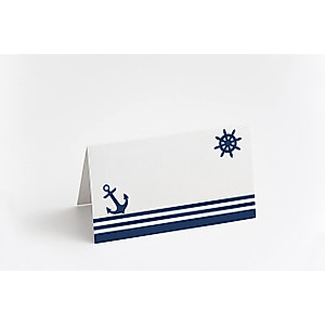 Nautical Place Cards - 25 Pack - Nautical Food Cards. Blue Anchor and Captain’s Wheel over Stripes Design, for Dinner Parties, Banquets, Cocktail Parties, Buffet. 2” x 3.5”. Scored for Folding.