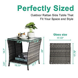 VINGLI Outdoor Wicker Side Table Patio Side Tables for Outside, Tempered Glass Top Wicker Table with Storage End Table for Balcony Porch Deck (Grey)