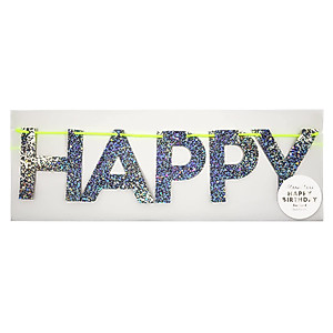 Meri Meri Silver Happy Birthday Banner (Pack of 1), 8' Birthday Party Banner with Excess Cord