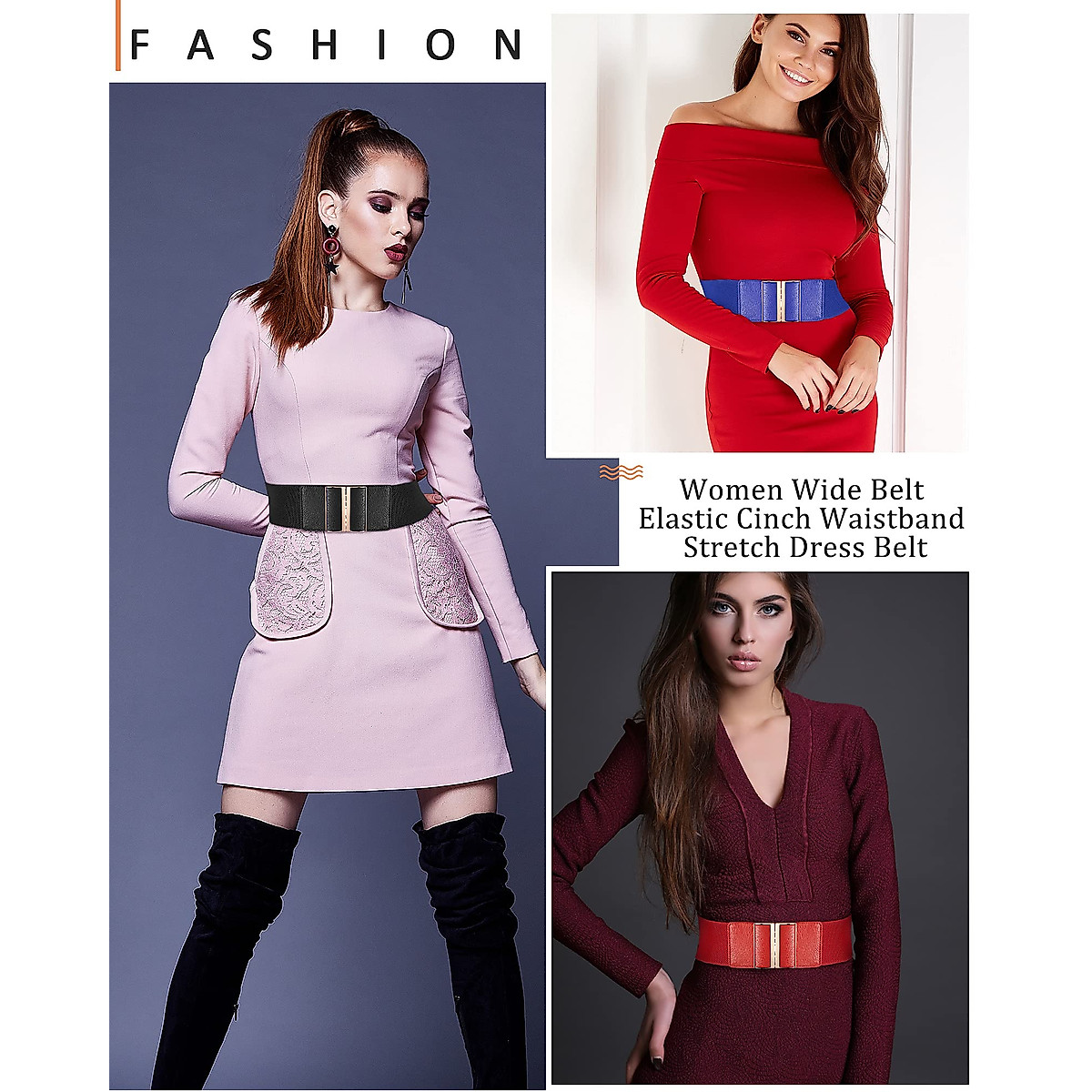 6 Pieces Women Wide Belt Elastic Cinch Waistband Stretchy Dress Waist Belt with buckle for Ladies, One Size