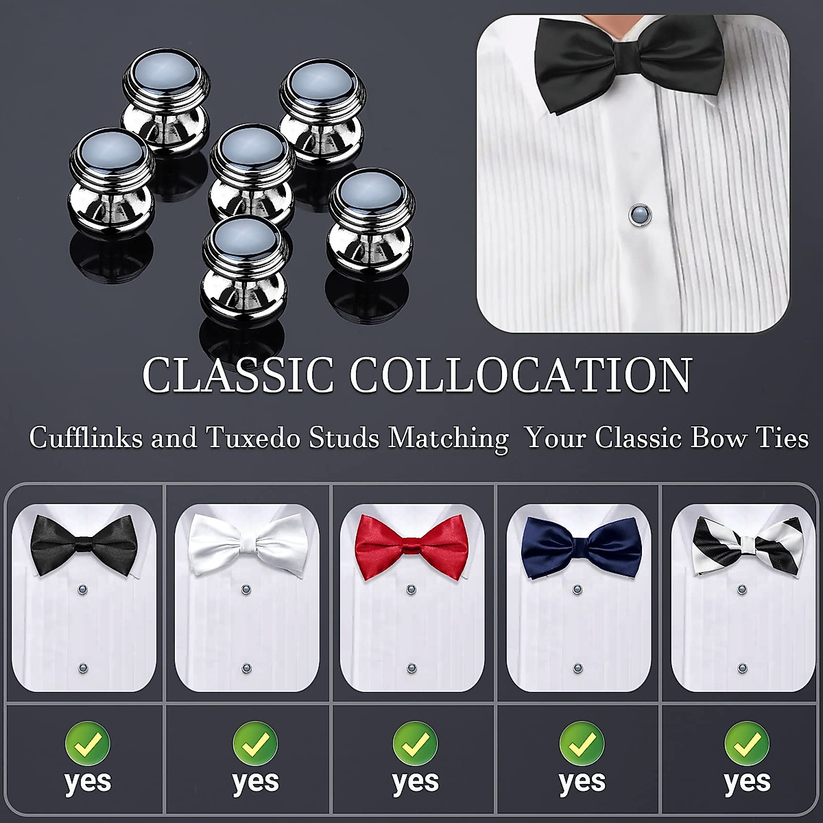 Cufflinks and Tuxedo Studs Set with Gift Box, Silver and Gold Tone Cuff Links for Men's Shirt Wedding Business