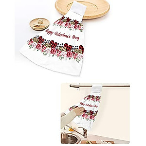 Hanging Kitchen Towels 2 Pack, Happy Valentines Day Hand Towel with Loop Absorbent Dish Cloth Tie Towels for Bathroom Laundry Room Decor Hand Dry Towel Rose Heart Plaid Leopard Print