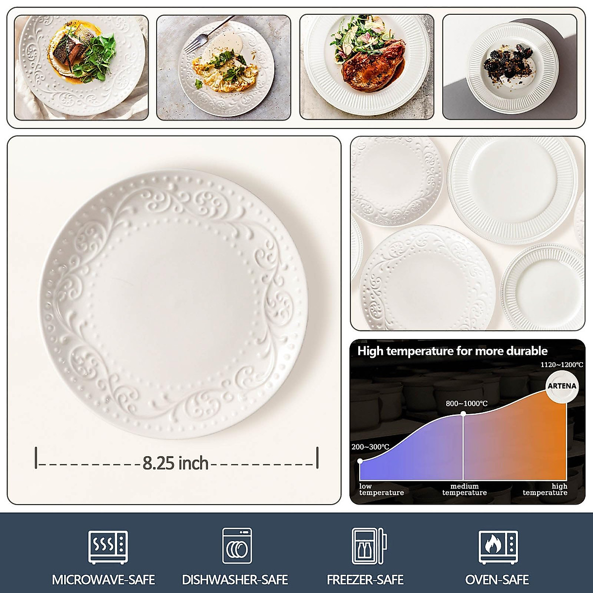 Artena Embossed Ceramic Salad Plates, White Dinner Plates 8.25 inch, Kitchen Plates Set of 4, Pasta Plate for Appetizer, Dessert, Serving Dishes for Entertaining, Party, Microwave/Oven/Dishwasher Safe