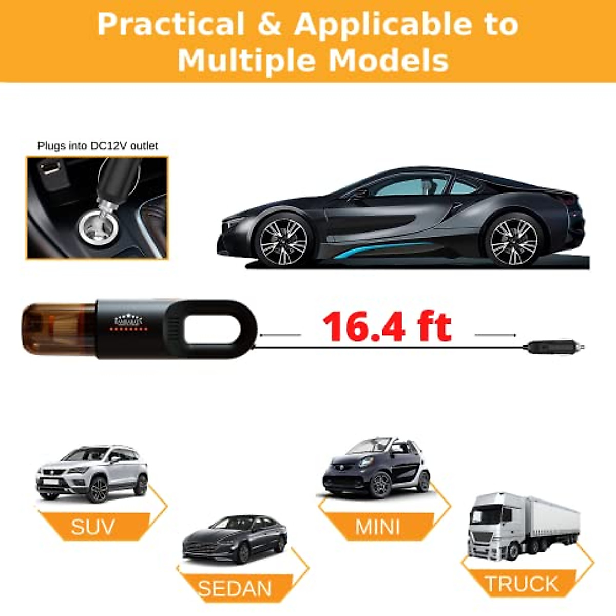 BAMBARATA Car Vacuum Cleaner - Optimized High Power, Handheld Vacuums 3 Gifted ATCH & Bag-12V, Auto Accessories Kit for Interior Detailing for Mom, Dad Aspiradora de Carro Black
