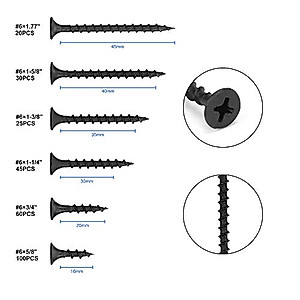 WELLOCKS Drywall Screws 230 Pcs #6×5/8" to 2-1/2" Wood Screws Assortment Kit Self Tapping Black Coating Bugle Head Coarse Phillips Sharp Point Fast Drilling for Wood Drywall Sheetrock (D158)