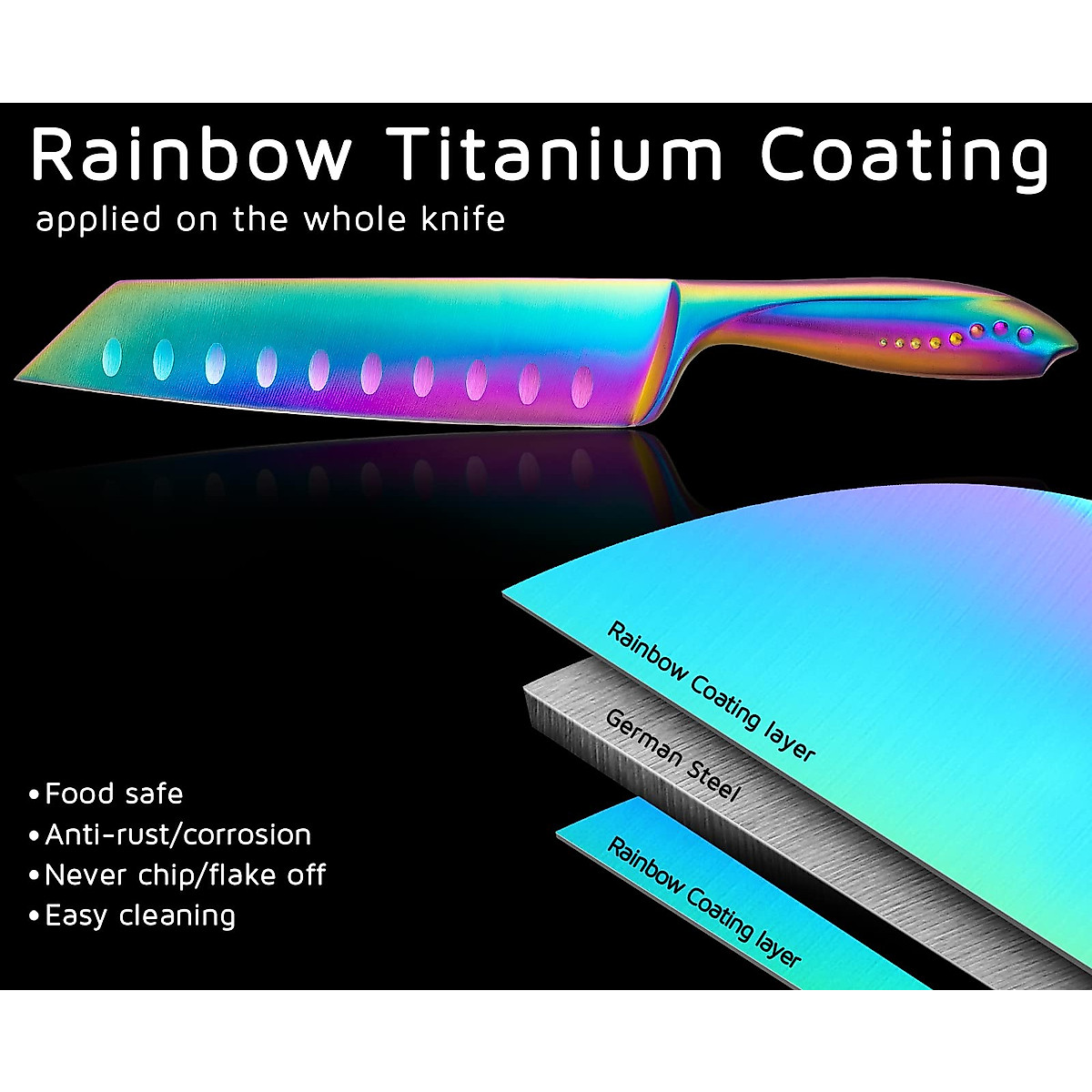 WELLSTAR Rainbow Knife Set 5 Piece, Razor Sharp German Stainless Steel Blade with Iridescent Titanium Coated, Kiritsuke Santoku Boning Utility Paring for Kitchen Cutting Dicing Filleting and Peeling