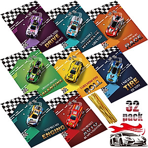 32 Pack Valentine's Day Gifts Cards with Die Cast Toy Cars Assorted Mini Pull Back Racing Plastic Vehicle Bulk for Kid School Classroom Exchange Party Favor Goodies Supplies Decor