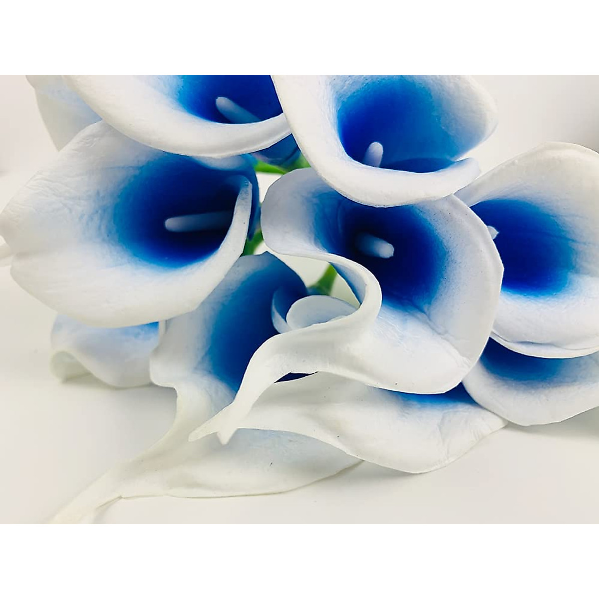 Etycoo 20pcs Calla Lily Lataex Real Touch Flower Bouquet for Wedding Garden Dining Table Center Home Party Photography Decor (White Blue Core)