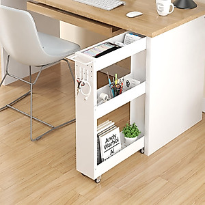XYZLVSI Slim Storage Cart, 5 in Width, 3-Tier White Rolling Cart with Handle for Kitchen Bathroom Laundry Narrow Places