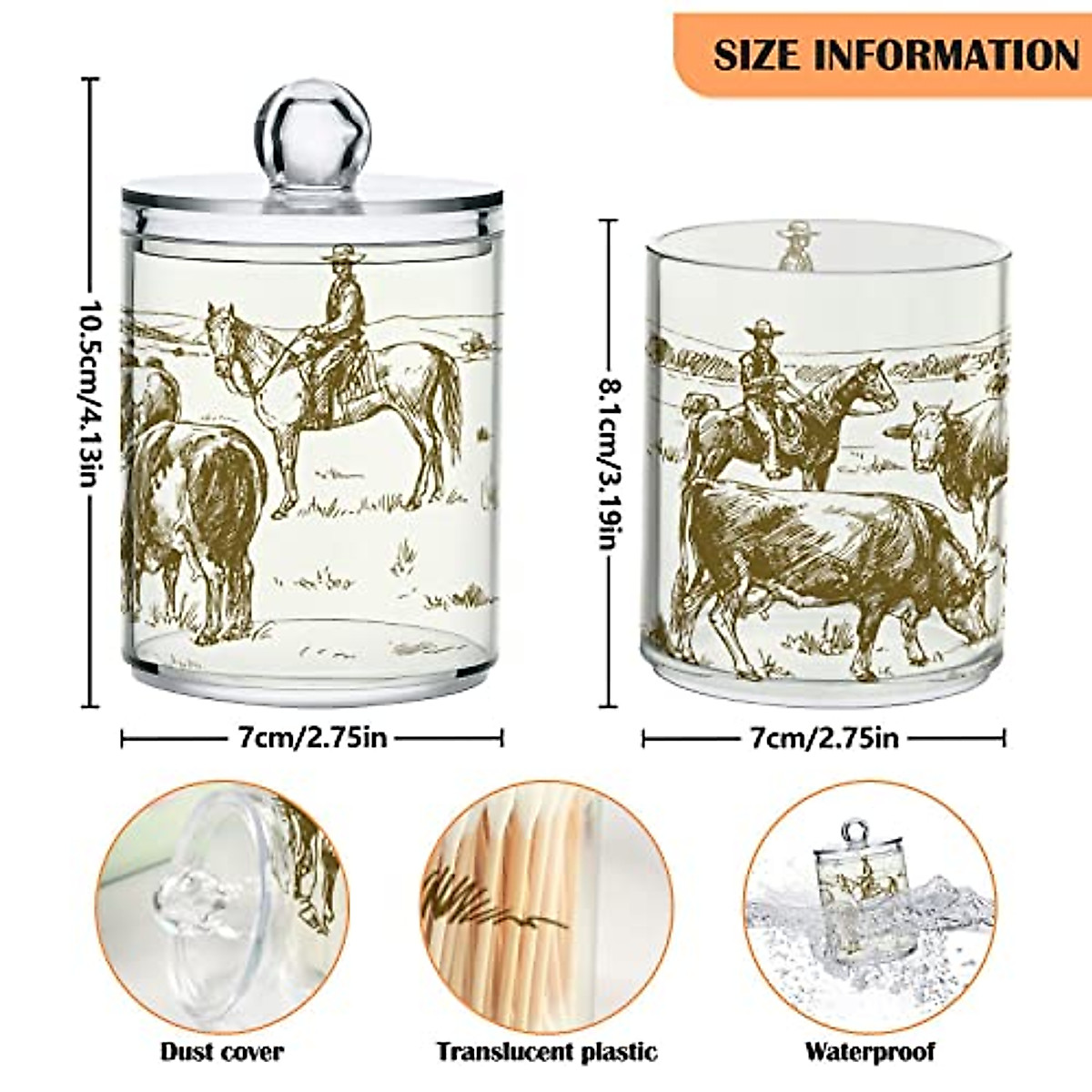 Kigai 2PCS Glass Qtip Holder,Cow Boys Apothecary Jars Bathroom Accessories Bathroom Canisters Organizer Countertop Q Tip Holder