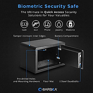 Barska AX11620 Biometric Fingerprint Mini Security Home Safe Box 0.29 Cubic Ft, Black, 12" x 8" x 7.75"