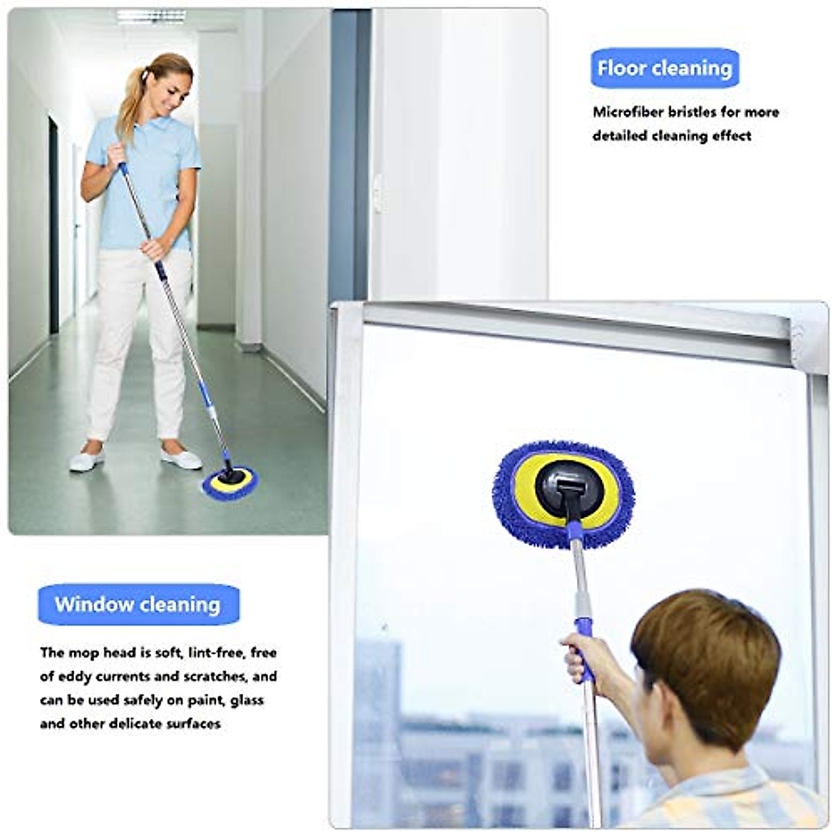 66'' Car Wash Brush with Long Handle, Chenille Microfiber Soft Car Wash Mop Cleaning Tool Kit with 15° Labor-saving Elbow Extension Stainless Steel Pole & Replacement Head for Clean RV SUV Truck House