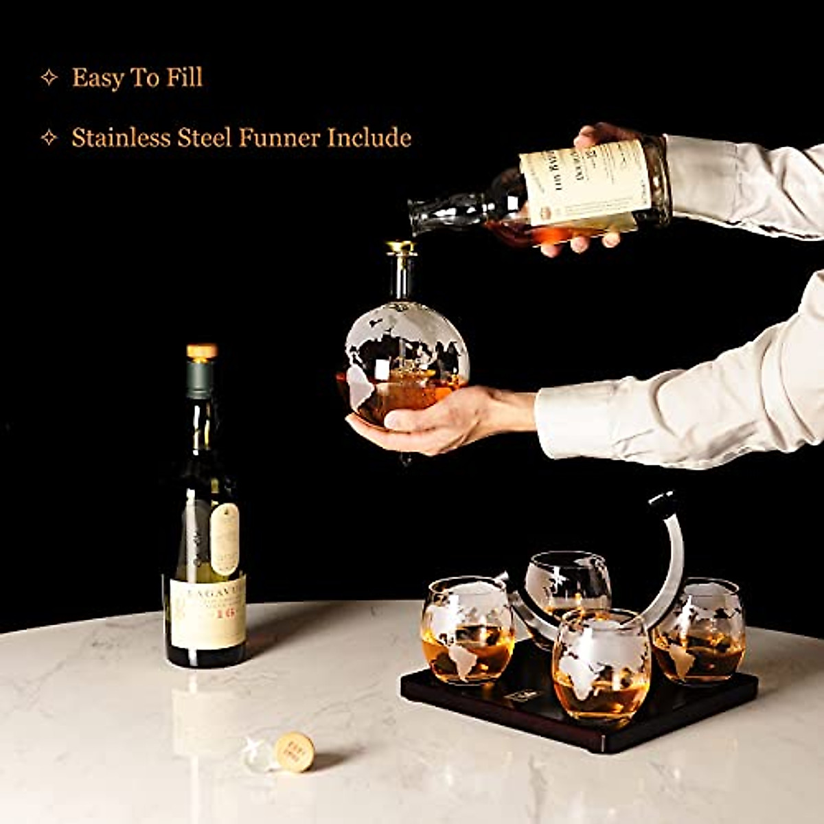 LiquorKnight Globe Whiskey Decanter Set/Hand-Blown Lead-Free Glass/Wooden Stand/Liquor Dispenser Bar Set with 4 Glass/Whiskey Stones & Funnel/Antique Glass Ship/Home Bar Accessory