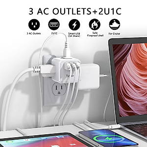 Multi Plug Outlet, Yintar 3-Outlet Extender USB Wall Charger with 3 USB Ports(2U1C), No Surge Protector for Cruise Ship, Home, Office, ETL Listed, Ideal Stocking Stuffers for Adults