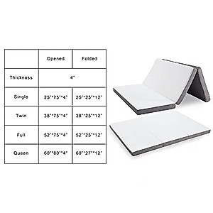 Kingfun Memory Foam Folding Mattress, 4 Inch Gel-Infused Foldable Floor Mattress, Breathable Tri-fold Mattress Topper with Bamboo Cover, Soft Folding Foldable Portable Floor Guest Bed (Single)