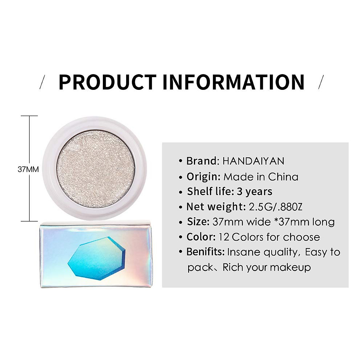AKARY 12 Colors Glitter Eyeshadow, Mashed Potato Pearlescent Monochrome Eyeshadow Polarized Light Not Smudged Eye Shadow, Highly Pigmented Eye Makeup Cosmetics Gift for Women And Girls Eye Brightening Flash Powder (#01 White)