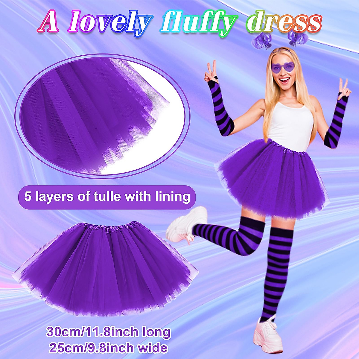 Womens Tulle Tutu Costume Set, Skirt Arm Leg Warmers Striped Socks, 80s Outfit Accessories Set for Women Party, C-Purple