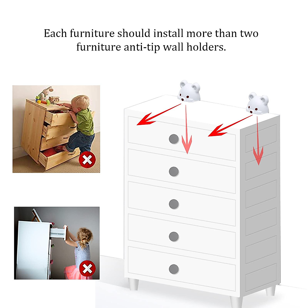 Child Safety Cabinet Locks, Cabinet Wall Anchors Protect Toddler and Pet from Falling Furniture, 2-Pack Baby Anti-Tip Furniture Anchor Straps, for Cabinets Drawers Fridge, Easy Installation（White）…