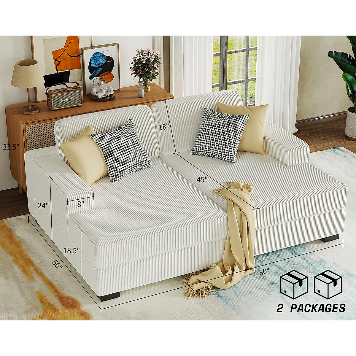 Jocisland Oversized Sofa, 80 Inch 2-Piece Double Chaise Sofa, Deep Seat Sofa for Living Room- Comfy Couch in White Corduroy