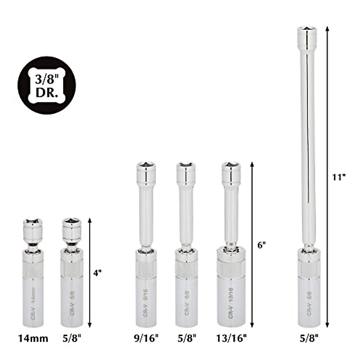 EMENTOL 6PCS 3/8" Drive Magnetic Swivel Spark Plug Socket Set, 12 Point, CR-V, Extension Sockets, Includes 9/16-inch, 5/8-inch, 13/16-inch, 14mm Sockets