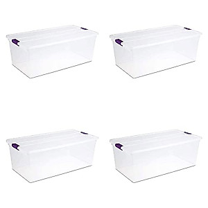 Sterilite 110 Qt ClearView Latch Storage Box, Stackable Bin with Latching Lid, Plastic Container Organize Clothes in Closet, Clear Base, Lid, 4-Pack