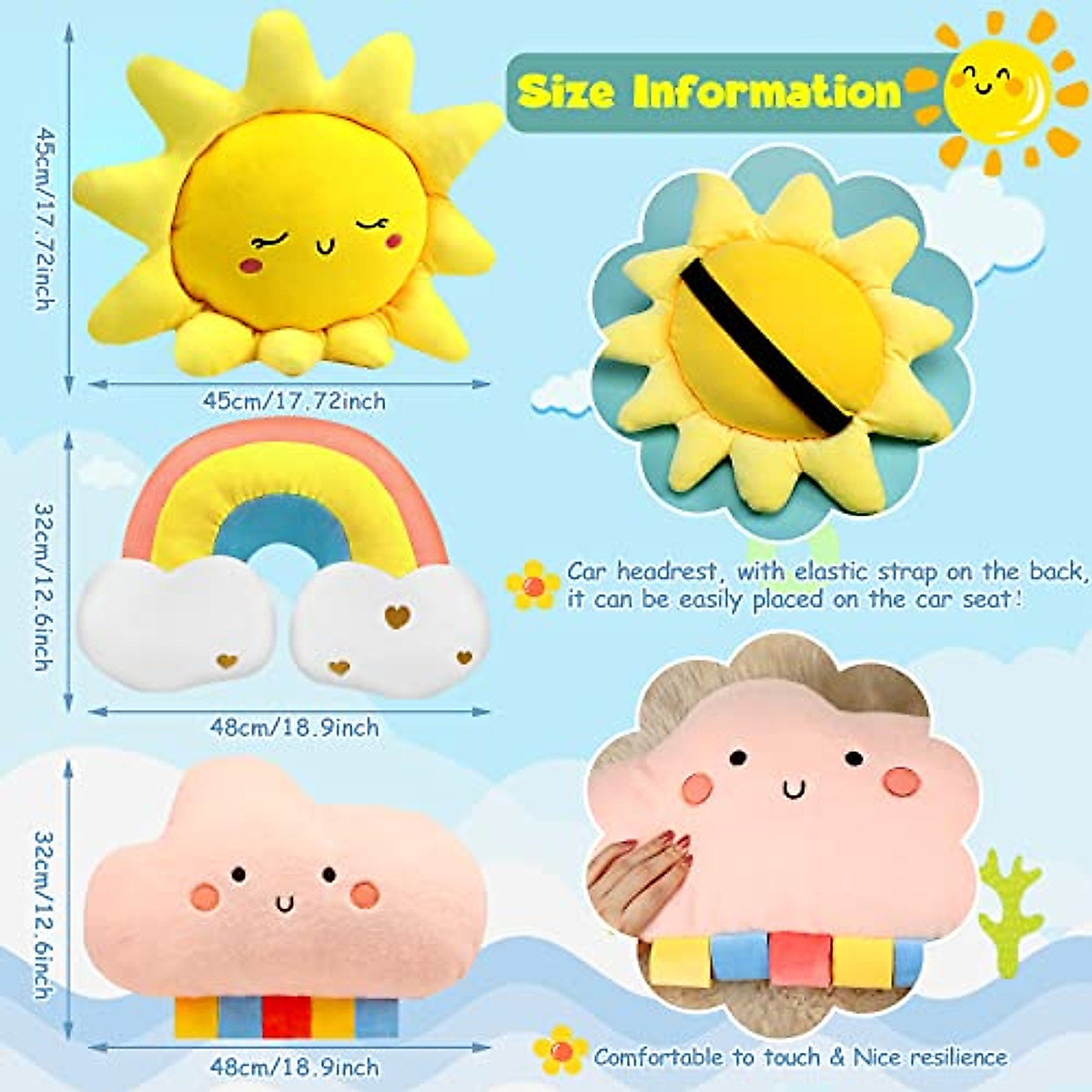 Cloud Rainbow Sun Moon Star Shaped Pillow 3 Pcs Nursery Stuffed Throw Pillows Kids Cute Cushion Children Soft Plush Pillow for Baby Room Kids Reading Nook Decorations Gift (Rainbow, Cloud, Sun)