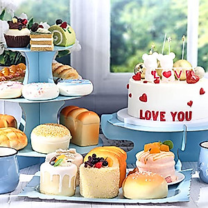 7 Pieces Cake Stand Set 3-Tier Cardboard Cupcake Stand 1-Tier Cake Stand Round Dessert Stand Rectangle Serving Tray Reusable Platters Cupcake Holders for Desserts Birthday Party (Sky Blue)