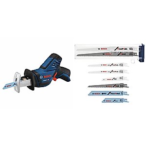 BOSCH PS60N 12V Max Pocket Reciprocating Saw (Bare Tool), Blue&BOSCH RSAP8PK 8 pc. All-Purpose Reciprocating Saw Blade Set